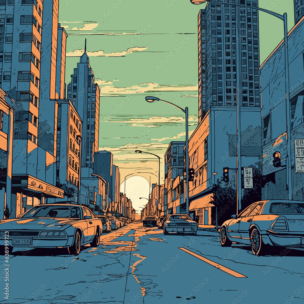 Poster Print Sunset in the city Comic Book Style Background Comic City 2D Drawing 40x40 cm