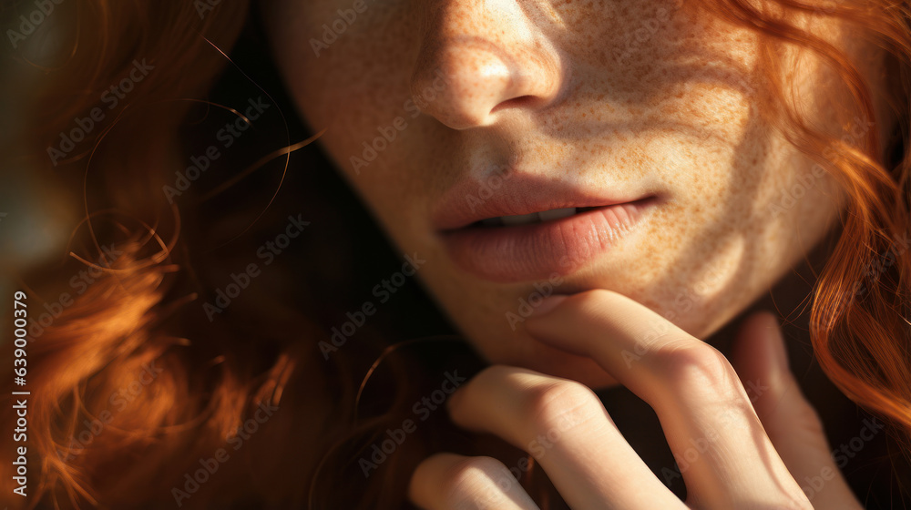 Young woman with freckles, focus on lips. Close up highly-detailed shot ...