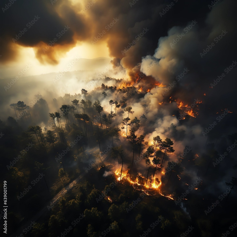 Drone, fire and smoke with forest in nature for deforestation, climate ...