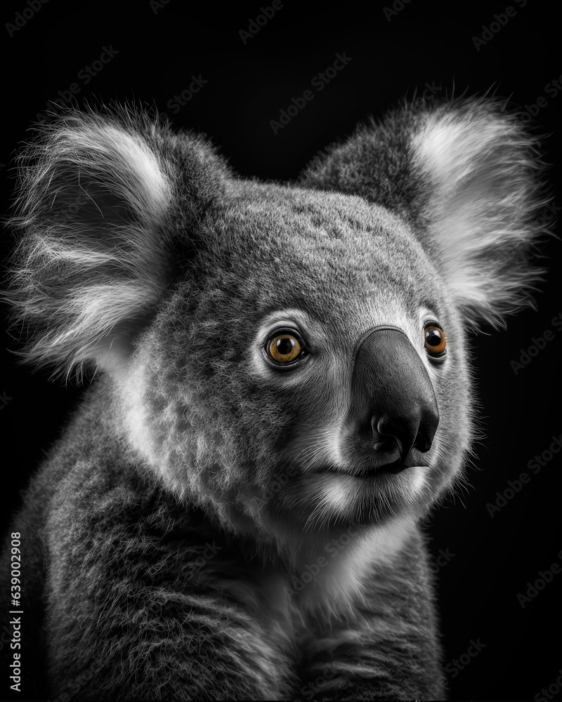 Generated photorealistic portrait of a koala on a black background in ...