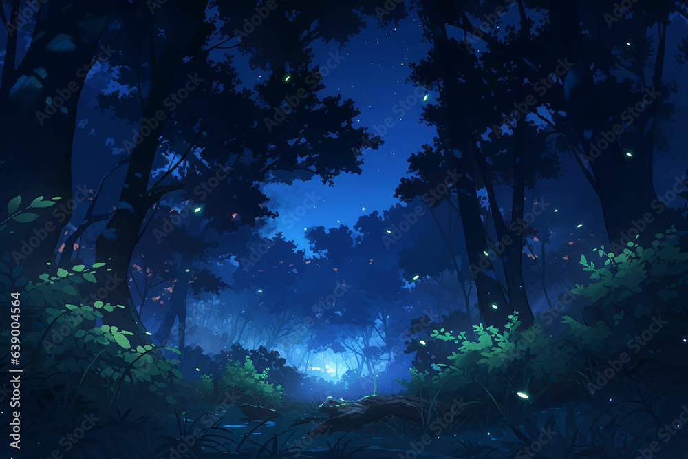 Forest Night Starry Sky Fairy Tale Adventure Full moon fireflies Stock ...