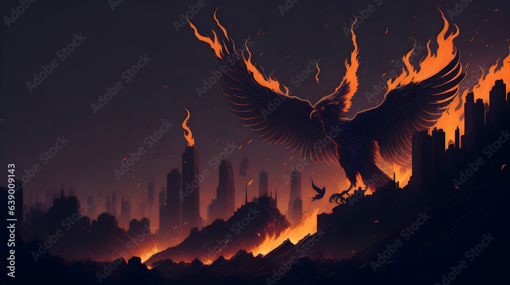 A phoenix rising from the ashes of a burning city, with a fiery sky and ...