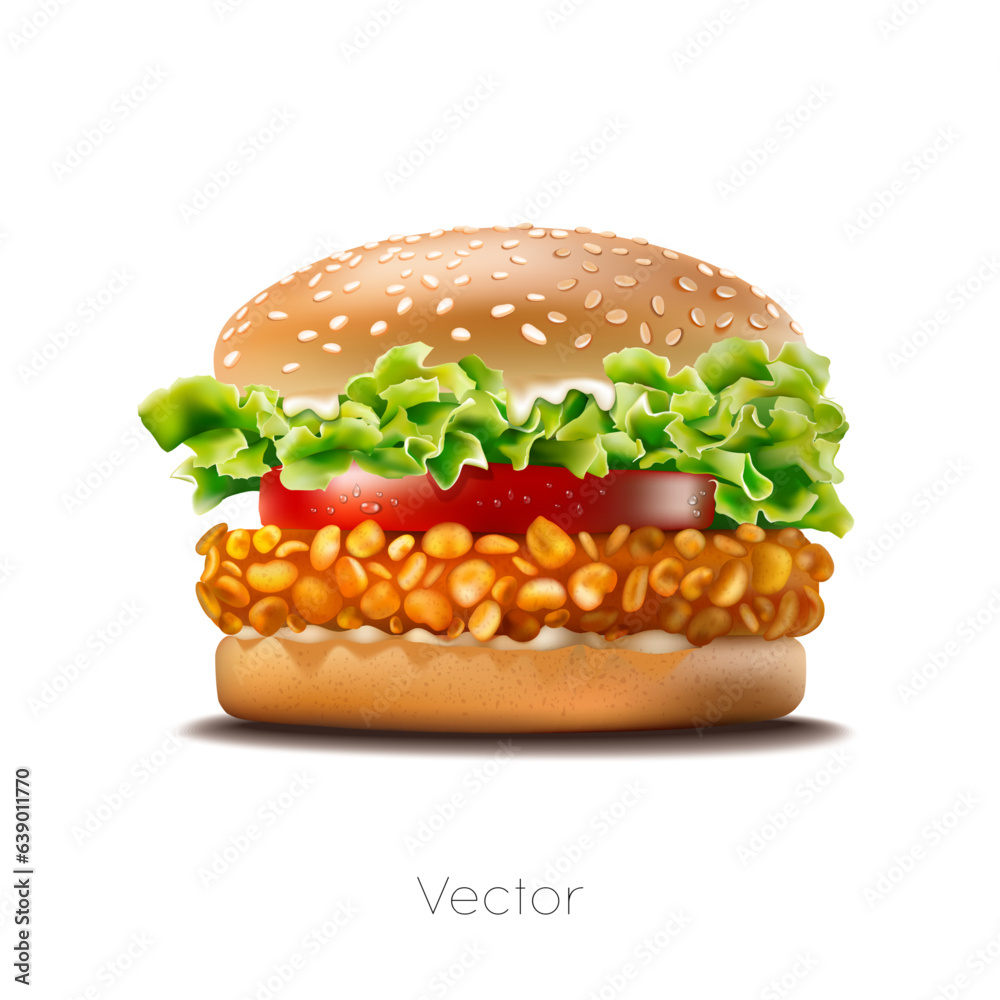 Vector realistic burger illustration. Crispy chicken burger with ...