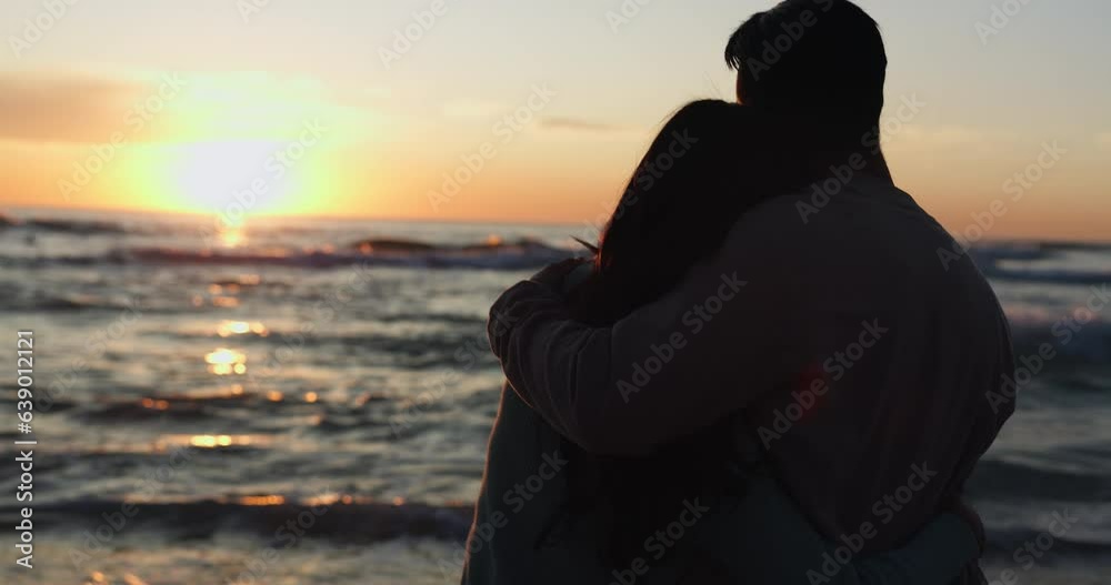 Beach sunset, silhouette or relax couple hug, bond and travel on nature ...