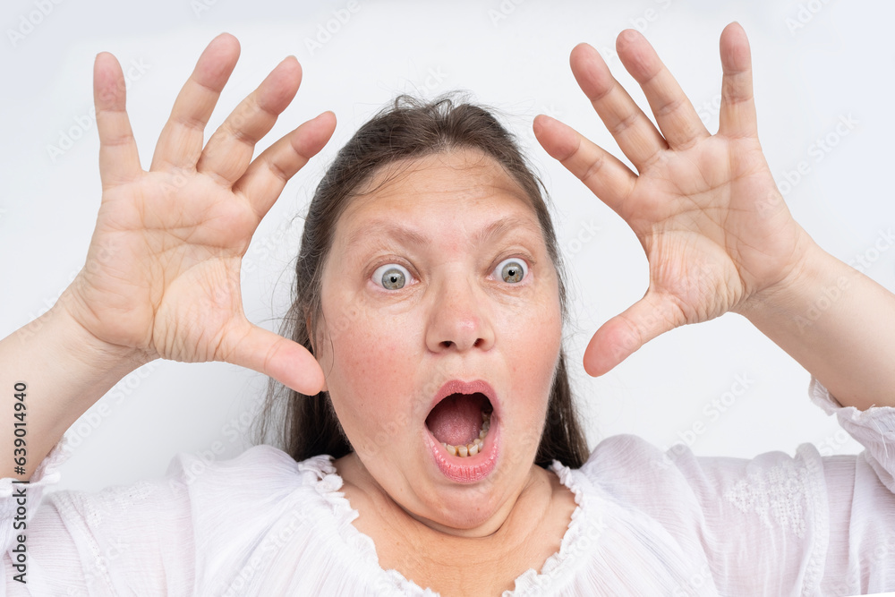 Humorous Facial Expressions, middle-aged mature woman with bulging eyes ...