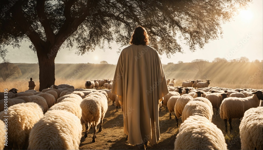 Bright sunlight shines on shepherd Jesus Christ leading sheep and ...