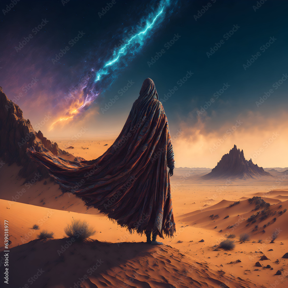 In the midst of a desert, a solitary figure with a vibrant cloak ...