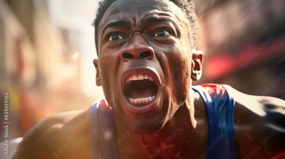 Marathon runner using last energy while approaching the finish line ...