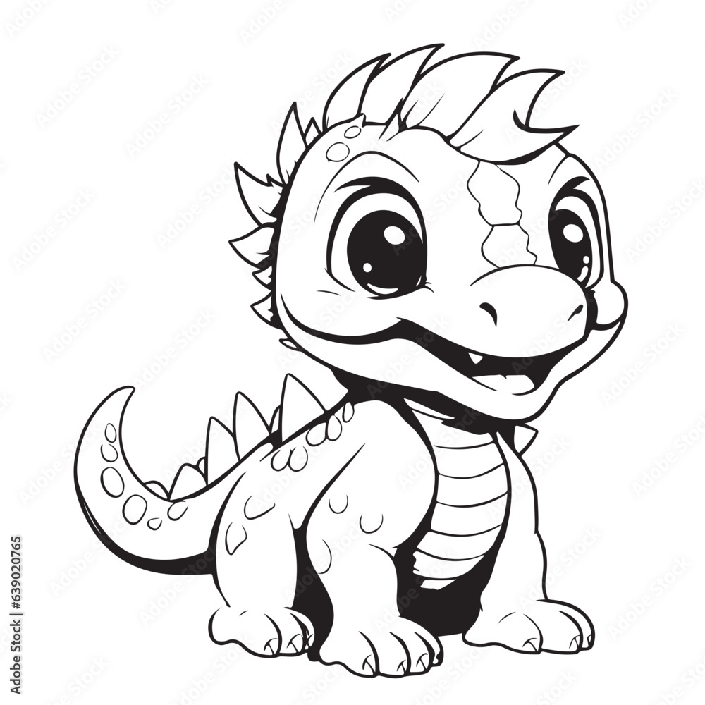 Cute cartoon dragon or dinosaur. Black and white vector illustration ...