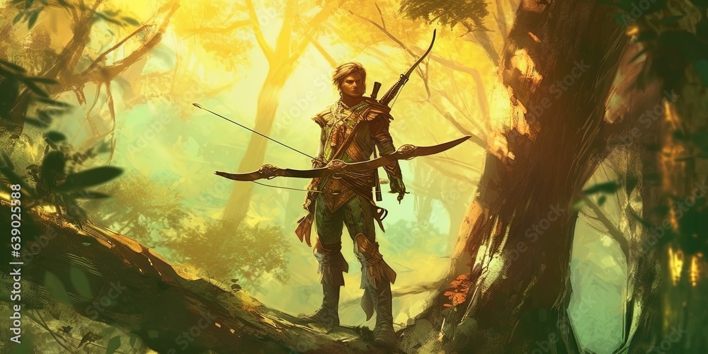 Archer standing on a tree in the fantasy forest, digital art style ...
