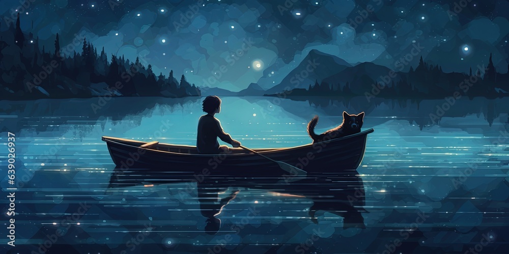 Boy rowing a boat with his wolf among the stars in the night sky ...
