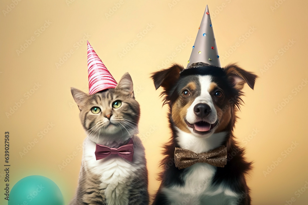 Adorable cat and dog wearing hilarious party clothes, striking a pose ...