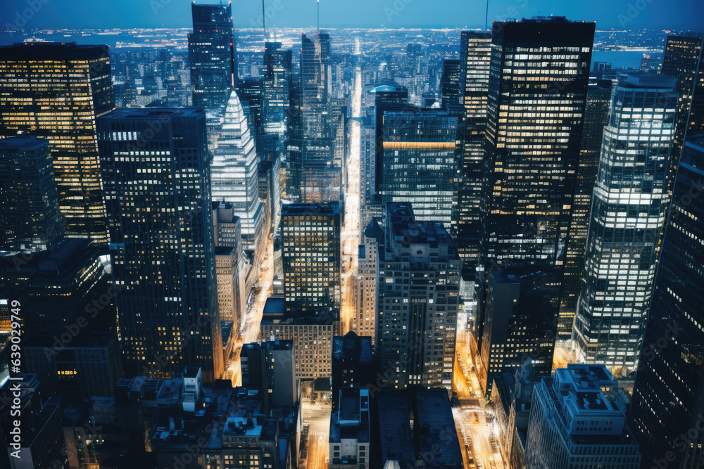 Aerial view of office buildings and traffic in downtown at night Stock ...