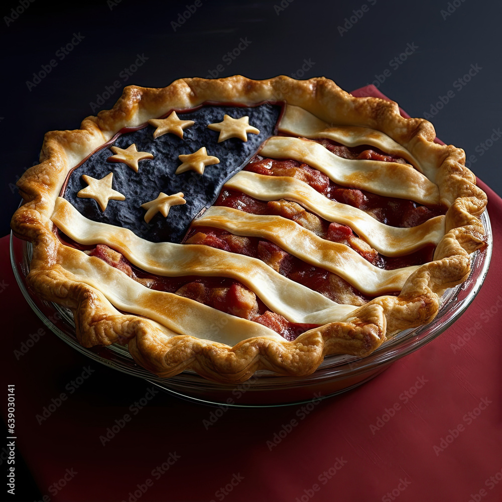 American pie with raspberry and bluberry and USA flag as backdrop. Food ...