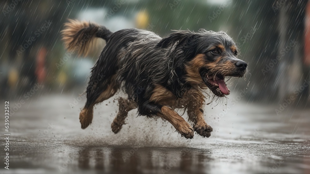 Shaggy dog with open mouth running through puddles on asphalt in the ...