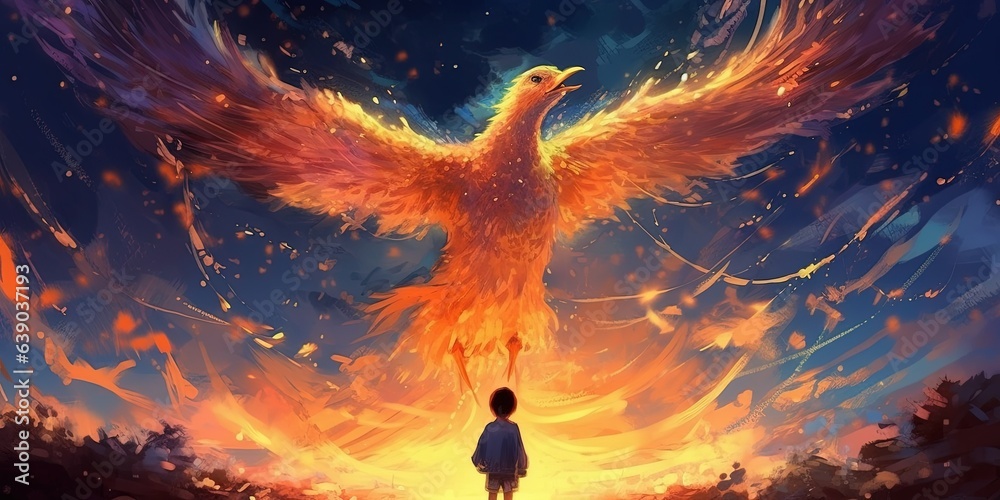 The child looking at the phoenix bird flying above him, digital art ...