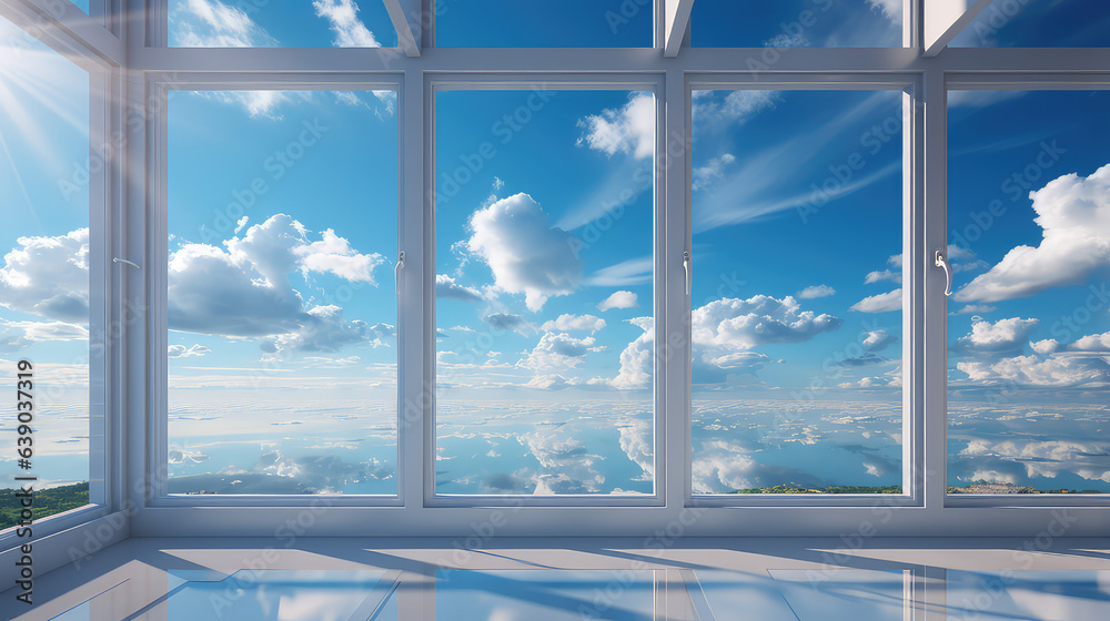New clear white open PCV windows with sunny blue sky and clouds behind ...