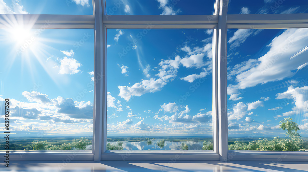 New clear white open PCV windows with sunny blue sky and clouds behind ...
