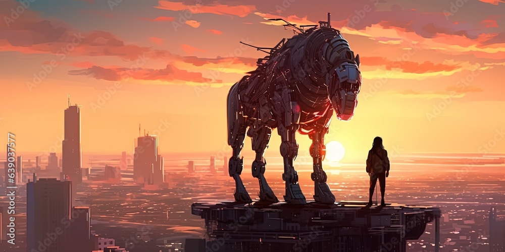 The man and his mechanized horse standing on rooftop building in ...