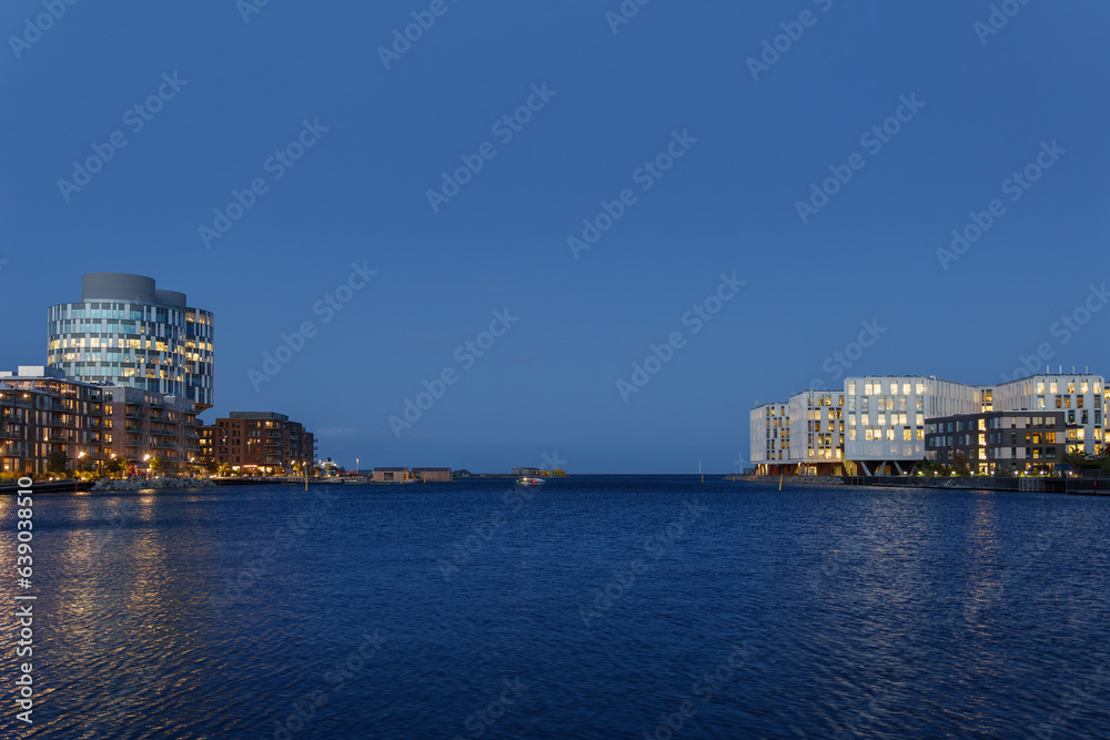 Outdoor night scenery at Nordhavn Bassin with background of famous ...