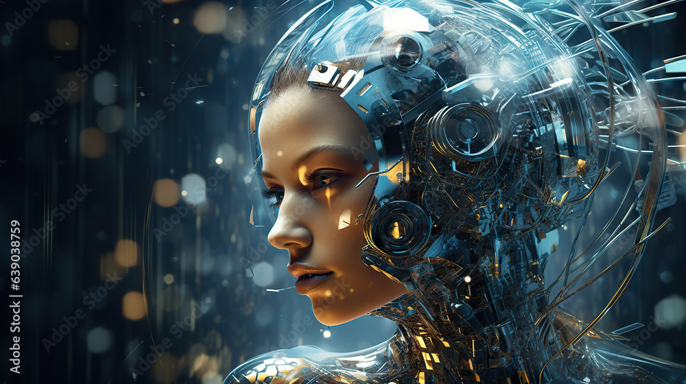Young female humanoid head is connected to a super computer ...