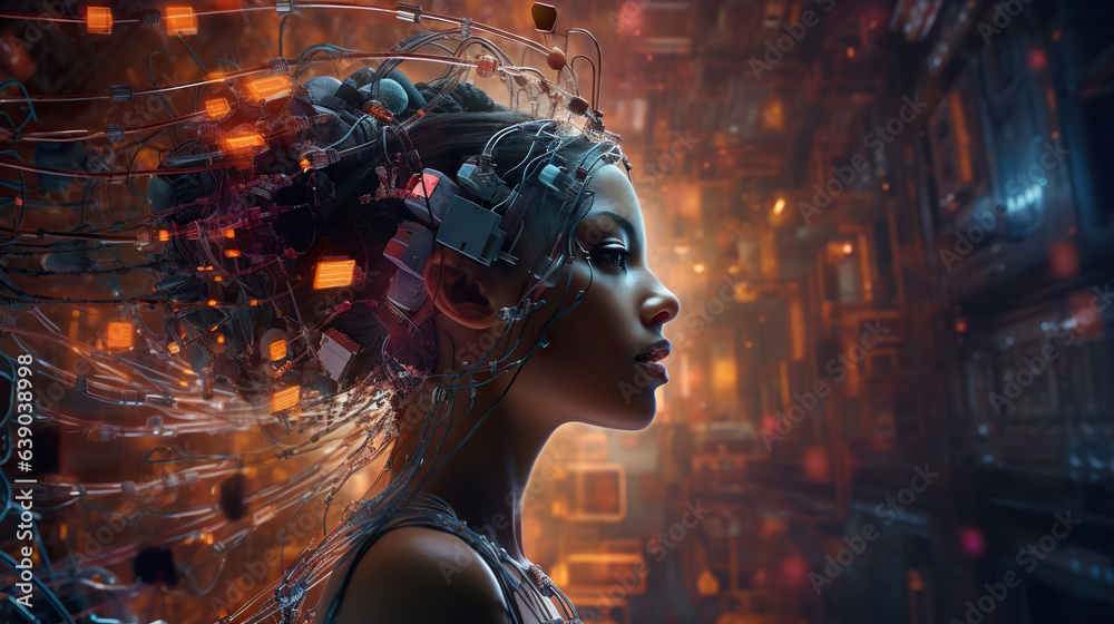 Young female humanoid head is connected to a super computer ...