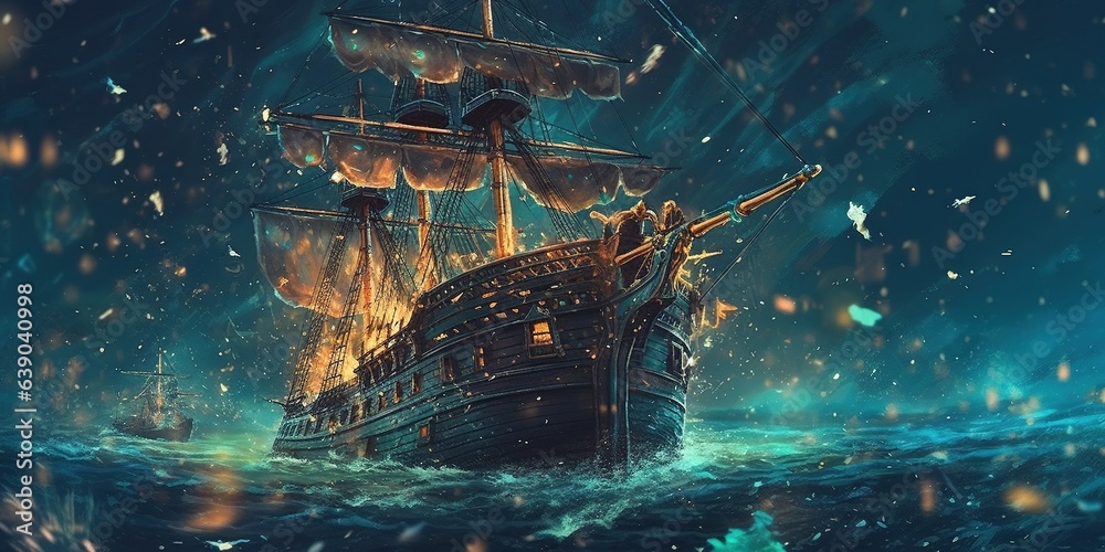 Wrecked ships with pirate skull flag filled with particles and dust ...