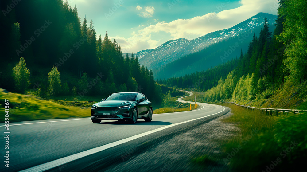EV (Electric Vehicle) electric car is driving on a winding road that ...