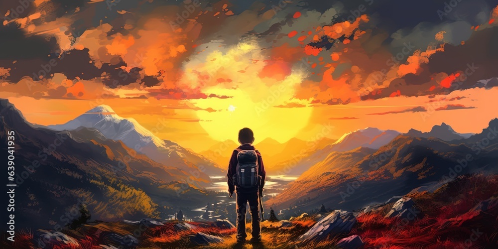 Young traveler with a camera standing against sunset over mountains ...