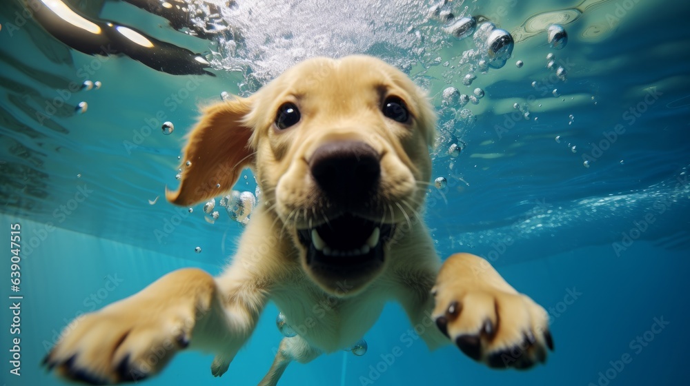Underwater funny photo of golden labrador retriever puppy in swimming ...