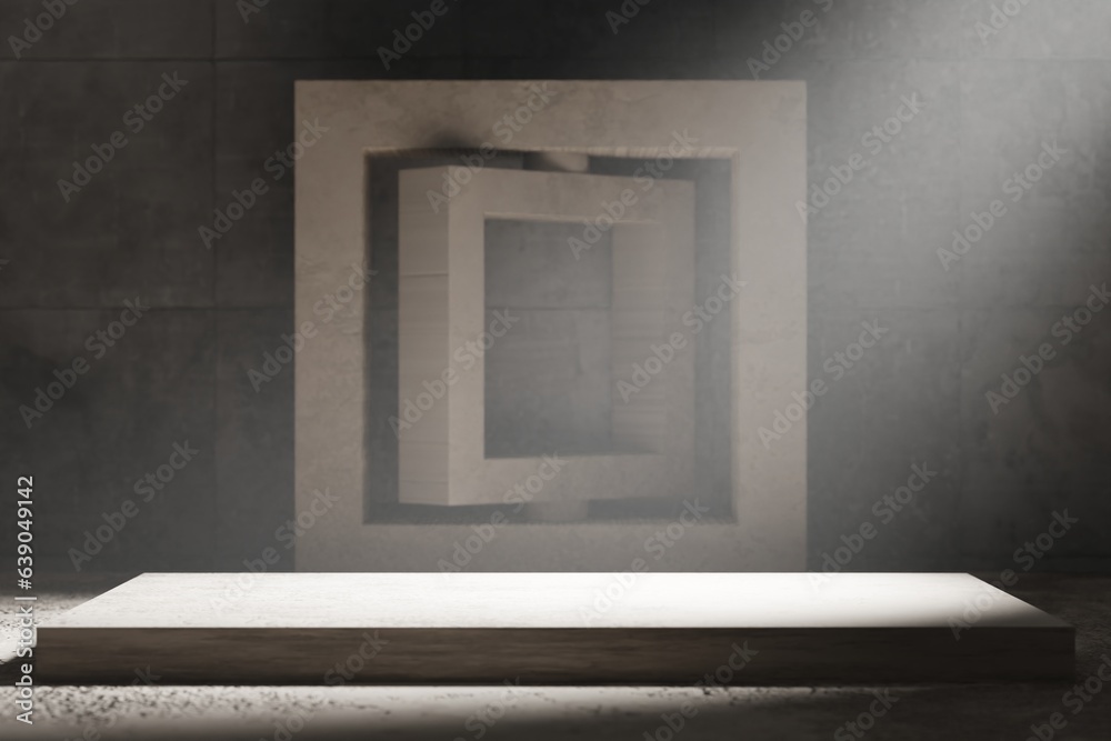 Dark interior concentrate room with fog and mist. industrial wall and ...