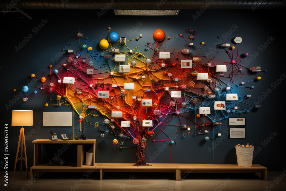 Web of Ideas. Mind map on a wall with interconnected concepts and ...