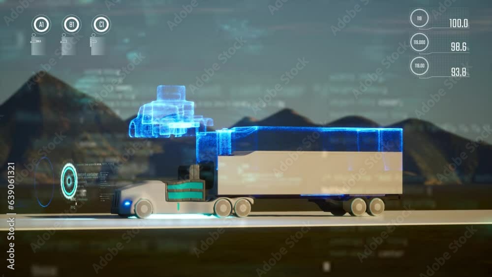 autonomous truck futuristic animation. Modern sci-fi driverless vehicle ...