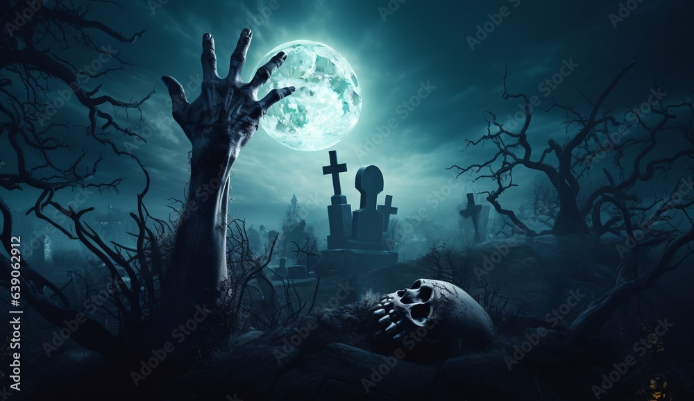 Fear-inducing Halloween setting: lifeless hand emerges from ground ...