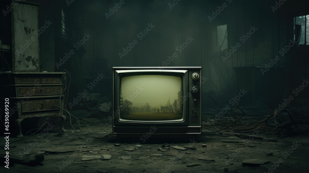 The television set is situated atop a long silver cabinet with an ivory ...