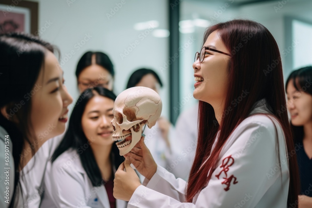 Group of Asian medical students with human skull in classroom ...