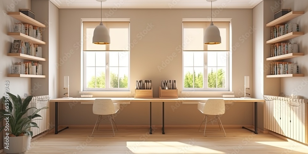 Stylish beige classroom interior with desk in row and shelf near window ...