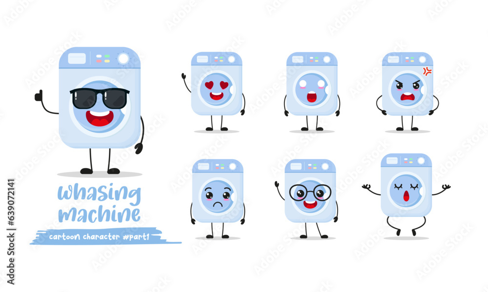 cute washing machine cartoon with many expressions. home appliance ...