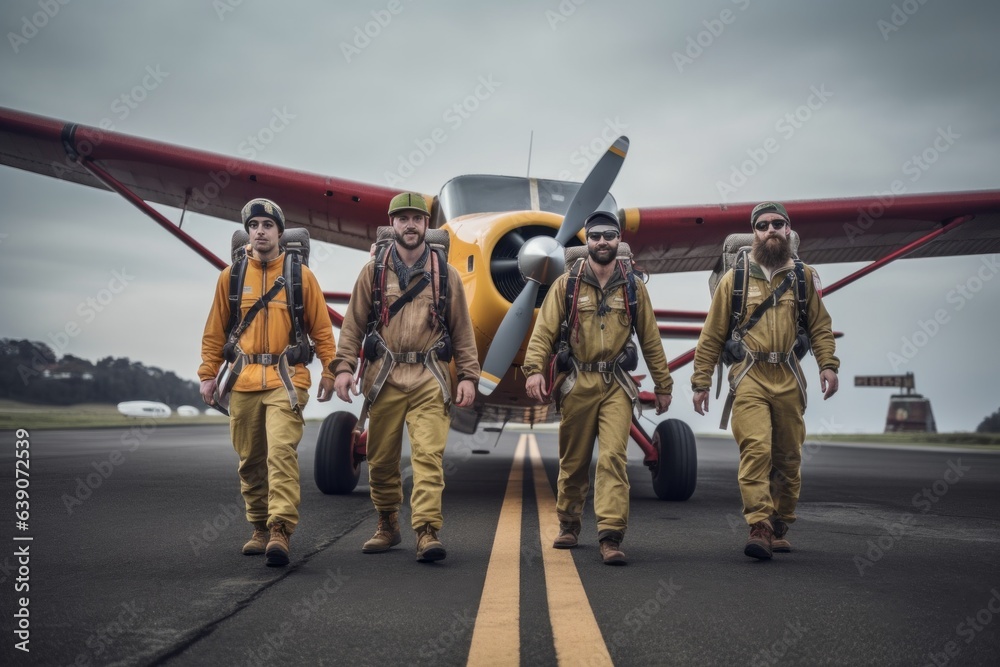 Group portrait photography of an adventurous pilot taking off for a ...