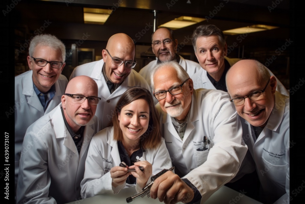 Group portrait photography of an innovative scientist presenting a ...