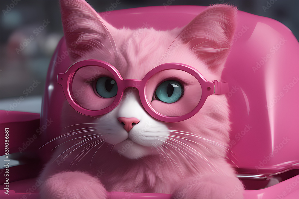 Digital art, pink cat with glasses, cute cat, big eyes and big waves ...