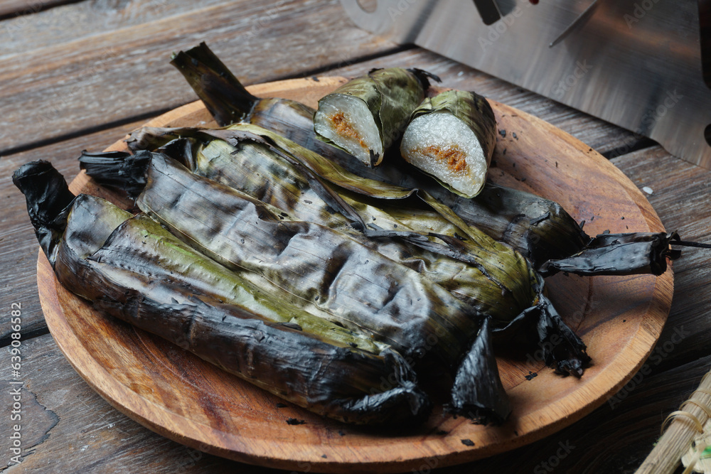 Malay food Pulut Panggang grilled glutinous rice wrapped in banana leaf ...