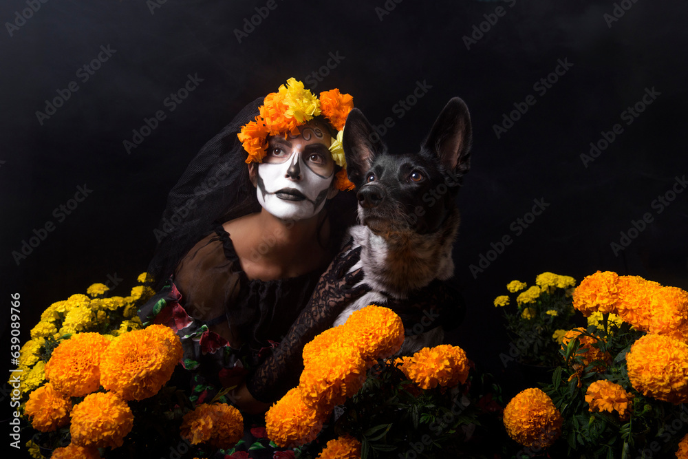 catrina accompanied by her dog in a mysterious environment with flowers ...
