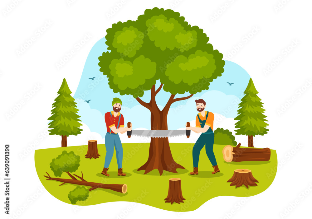 Men Chopping Wood and Cutting Tree with Lumberjack Work Equipment ...