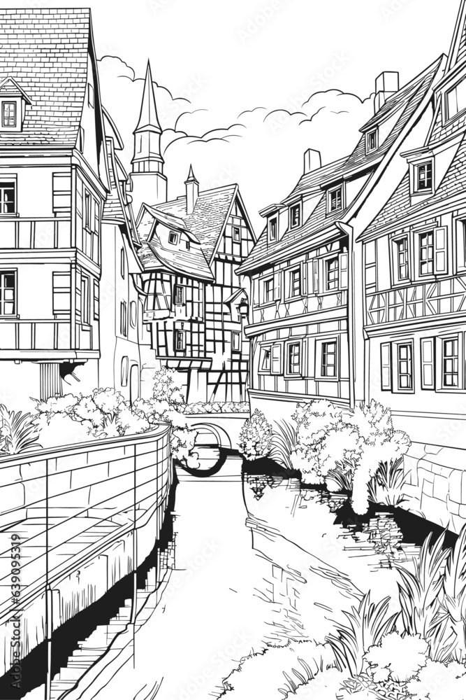 France Colmar village cityscape black and white coloring page for ...