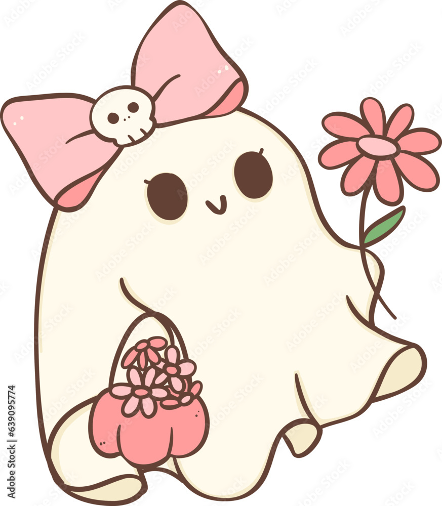 Cute Pink Halloween ghost girl with flower cartoon doodle Stock Vector ...