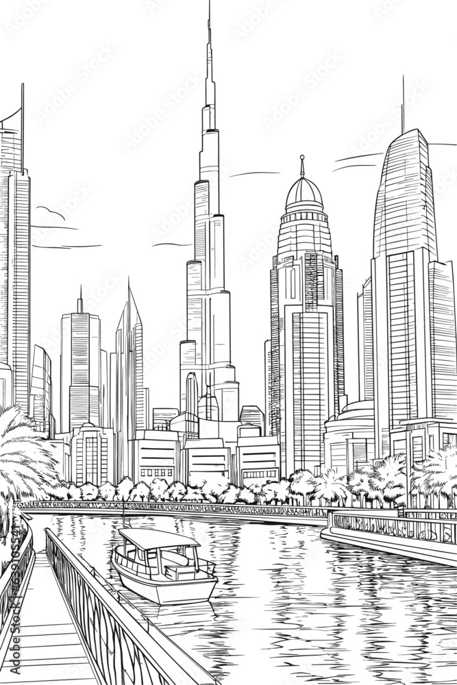 UAE Dubai cityscape black and white coloring page for adults. Arab ...