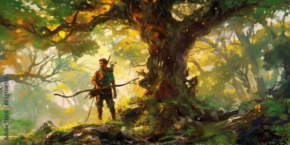 Archer standing on a tree in the fantasy forest, digital art style ...