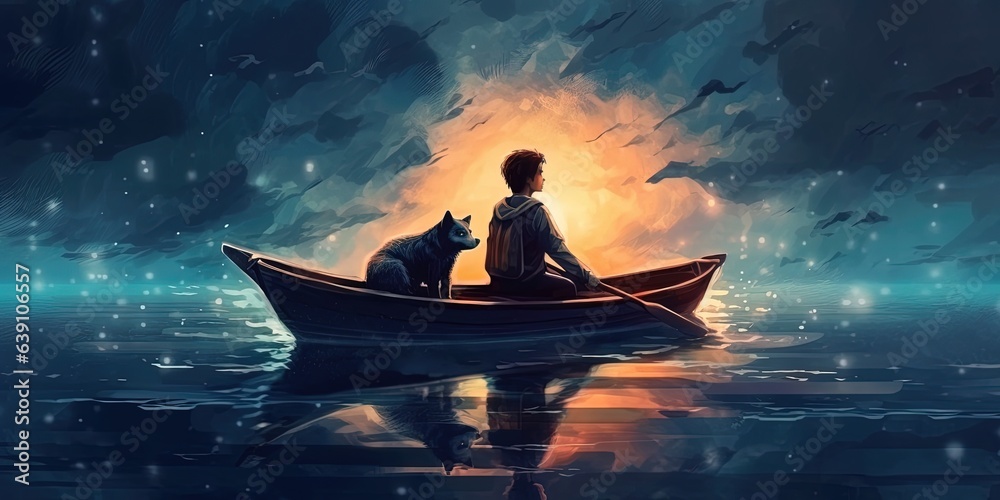 Boy rowing a boat with his wolf among the stars in the night sky ...