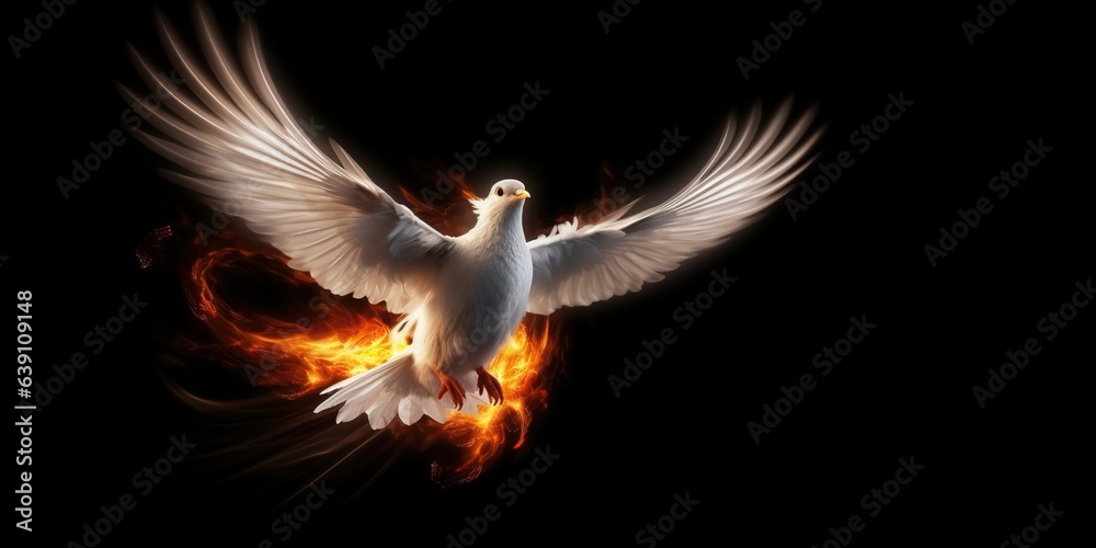 AI generated Flying white dove with fire effect on dark background ...